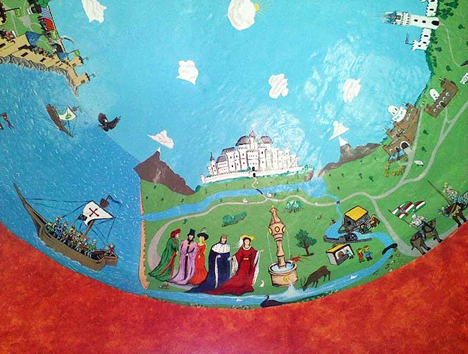 Hand-painted medieval scenes transform ceilings into storytelling canvases &ndash; look up and journey to another time.