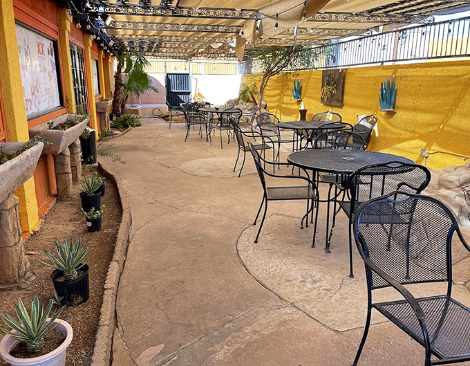 The outdoor patio offers desert charm and twinkling lights &ndash; perfect for those magical Arizona evenings when the temperature finally drops.