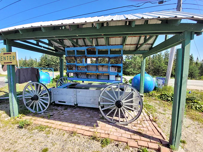 An antique blueberry cart stands as a testament to traditional harvesting methods, when berries were gathered by hand from Maine's rocky barrens.