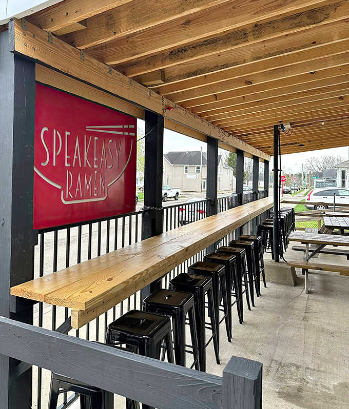 The covered patio offers al fresco dining with a long communal table perfect for making new friends over steaming bowls.