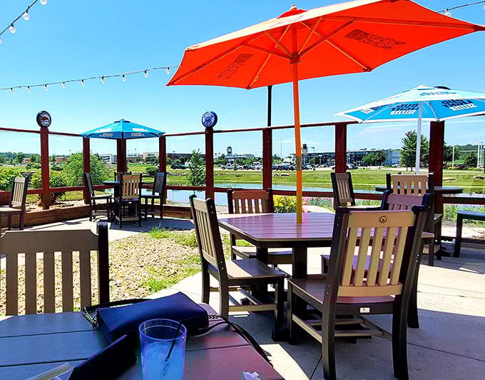 When Minnesota weather cooperates, this patio becomes the perfect pit stop&mdash;colorful umbrellas, fresh air, and a cold drink make everything better.