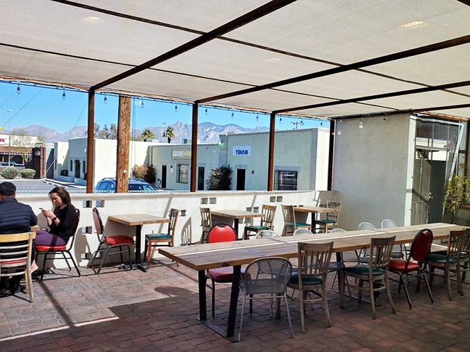 The outdoor patio offers desert views and fresh air, creating the perfect backdrop for savoring slow-smoked barbecue treasures.