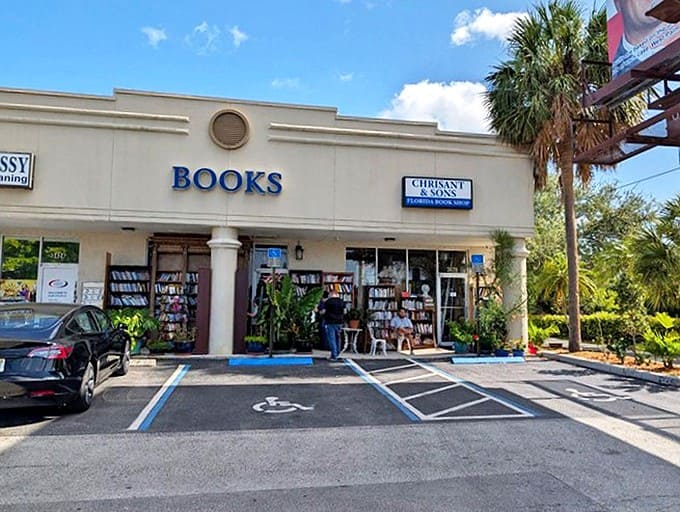 The shop's exterior welcomes visitors with its straightforward "BOOKS" sign, a simple invitation to the complex world within.
