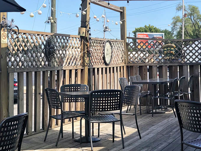 Patio Seating String lights and wooden lattice create an outdoor oasis perfect for enjoying that pulled pork sandwich under Ohio skies.