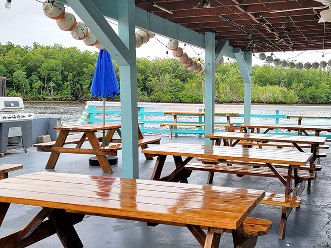 Rain-kissed picnic tables waiting for the next round of seafood enthusiasts. Even empty, they promise delicious possibilities.