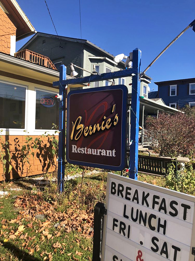 Bernie's iconic sign against a blue Vermont sky &ndash; a beacon for breakfast lovers and a landmark for locals giving directions.