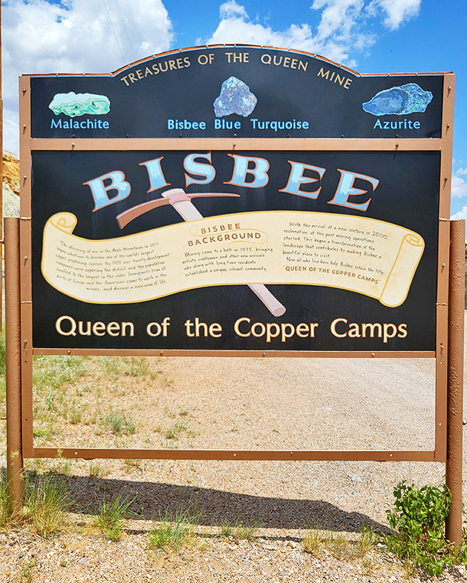 Queen of the Copper Camps proclaims Bisbee's welcome sign, showcasing the treasures that made this mining town famous worldwide.