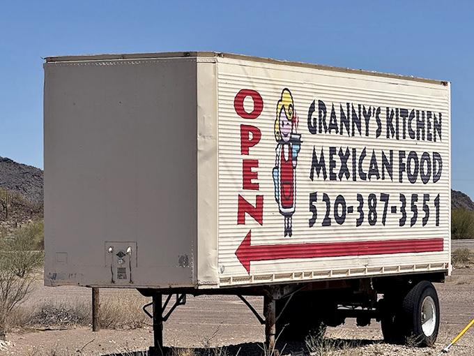 The mobile signage announces Granny's Kitchen to the world – or at least to anyone driving by this particular stretch of Arizona desert. That arrow points to happiness.