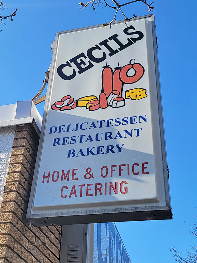 Cecil's signage promises delicatessen delights with cheerful illustrations of meats and cheeses – a preview of the authentic experience waiting inside.