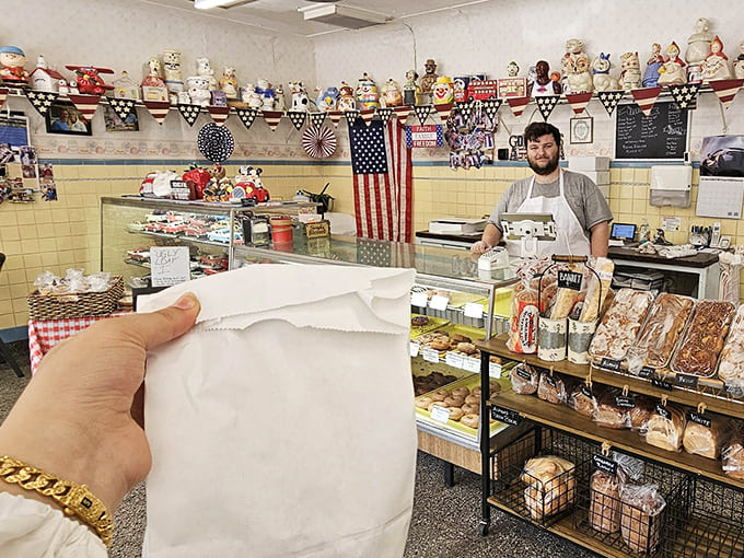 The art of neighborhood service: Van's staff continues the tradition of wrapping baked goods in simple white paper bags &ndash; no fancy packaging needed when the contents speak for themselves.