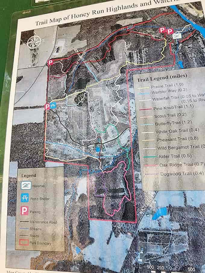 The trail map reveals Honey Run's network of paths like a treasure map, X marking spots where memories wait to be made.