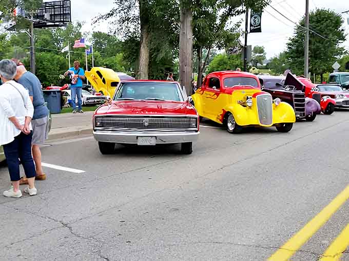 Classic cars line up outside Shamrock like a timeline of American automotive history&mdash;chrome memories on wheels.