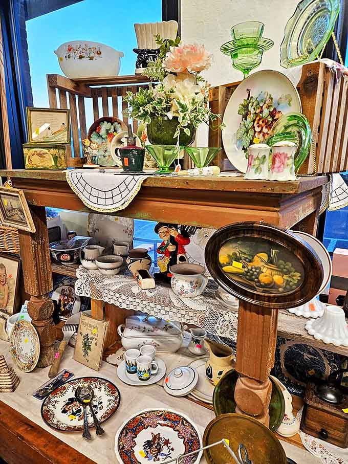 A multi-tiered display of vintage dishware creates a porcelain tapestry of patterns, colors and eras &ndash; grandmother's china finding new admirers.