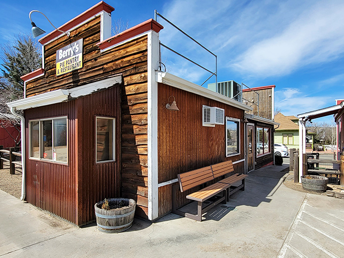 Berry's exterior view &ndash; unassuming architecture hiding culinary treasures. Never judge a pie shop by its siding.