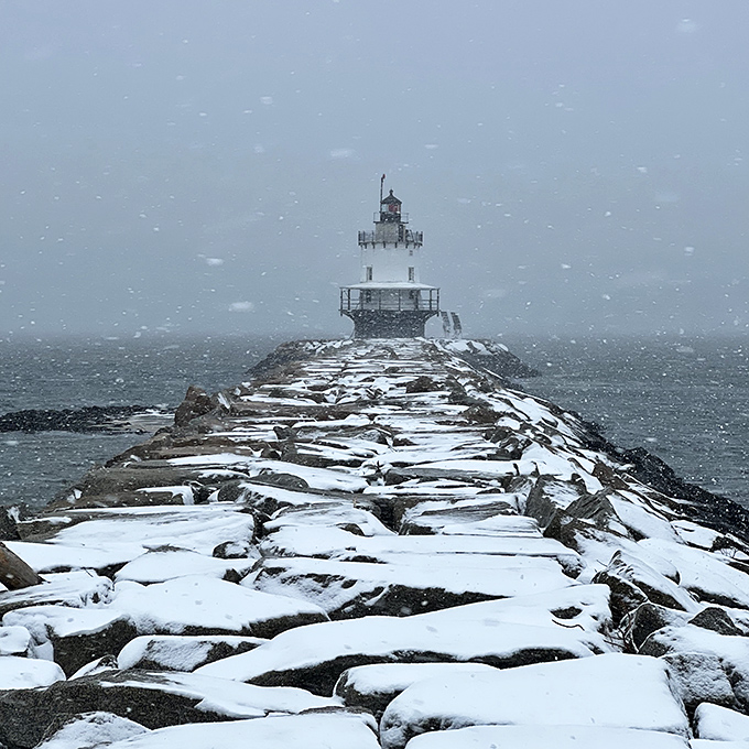 Winter transforms the breakwater into a snow-covered adventure, the lighthouse standing defiant against Maine's harshest season with stoic grace.