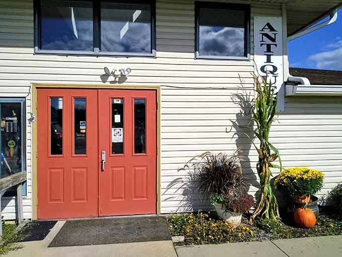 The bright coral doors welcome treasure hunters into Auntie's world, where the ordinary rules of time and space seem pleasantly suspended.
