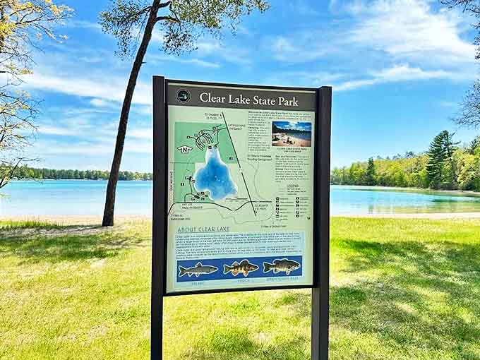 Knowledge is power &ndash; this information board reveals Clear Lake's secrets, from fish species to trail maps, helping visitors maximize their outdoor adventure.