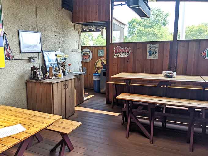 The outdoor patio offers a casual, relaxed vibe with simple wooden tables &ndash; perfect for enjoying those legendary burgers when Minnesota weather cooperates.