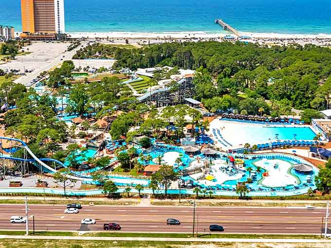 This bird's-eye view reveals Shipwreck Island's perfect location &ndash; a blue oasis just steps from Panama City Beach's famous white sands and emerald waters.