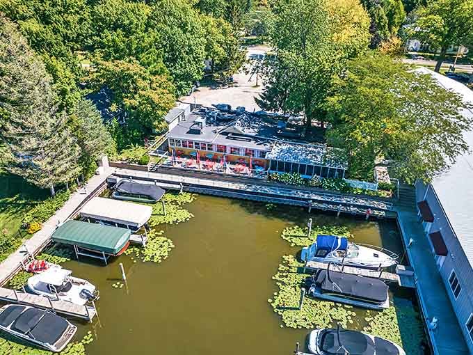 A bird's-eye view reveals The Southerner's prime waterfront location, where boats dock and diners gather for Michigan's best Southern cuisine.