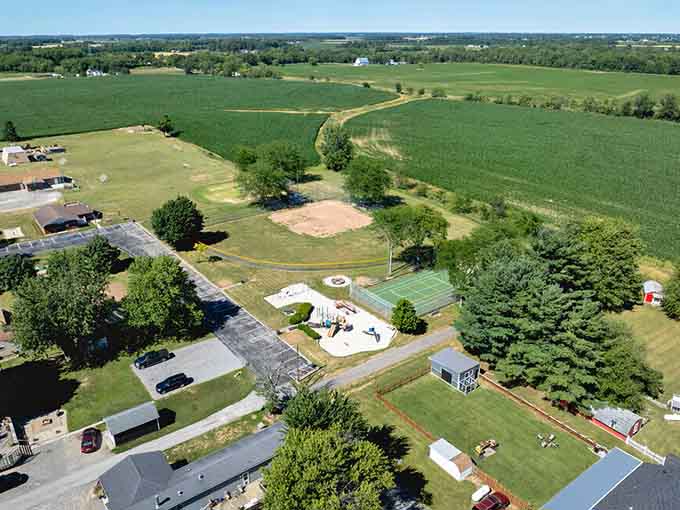 From above, the patchwork of fields surrounding Mount Cory resembles a quilt stitched by giants, each square telling a story of stewardship.