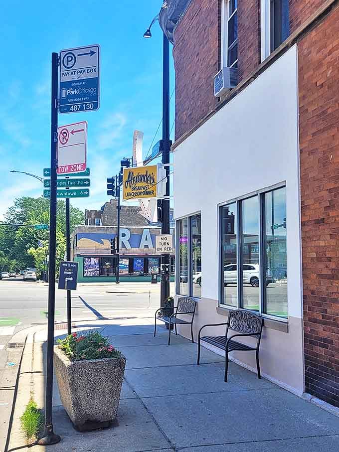 A quiet moment outside Alexander's, where two benches invite patrons to linger in the neighborhood that's supported this diner through nearly four decades of Chicago history.