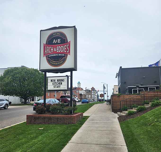 The roadside sign announces this culinary destination to hungry travelers exploring the backroads of southern Ohio.