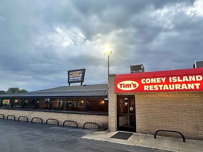 The back entrance view captures Tim's humble exterior, where culinary magic happens without fanfare or fuss.