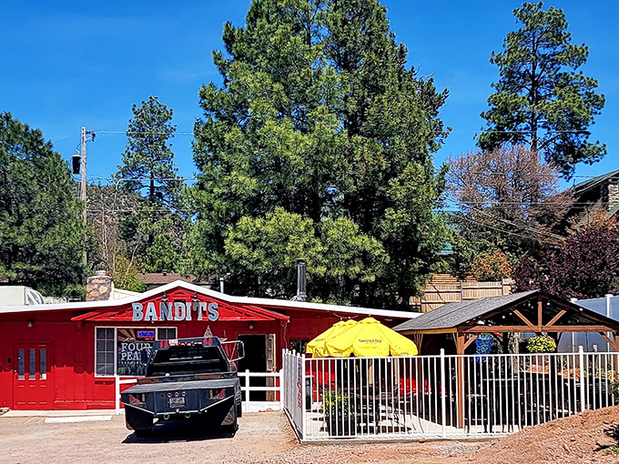 Bandits Restaurant's bright red exterior signals good times ahead, where Southwestern flavors meet mountain hospitality.