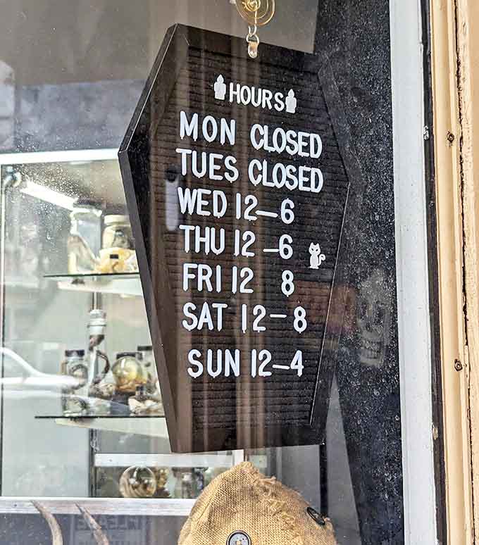 Even the store hours sign embraces the shop's macabre charm, displayed in a coffin-shaped holder that sets the perfect tone for what awaits inside.