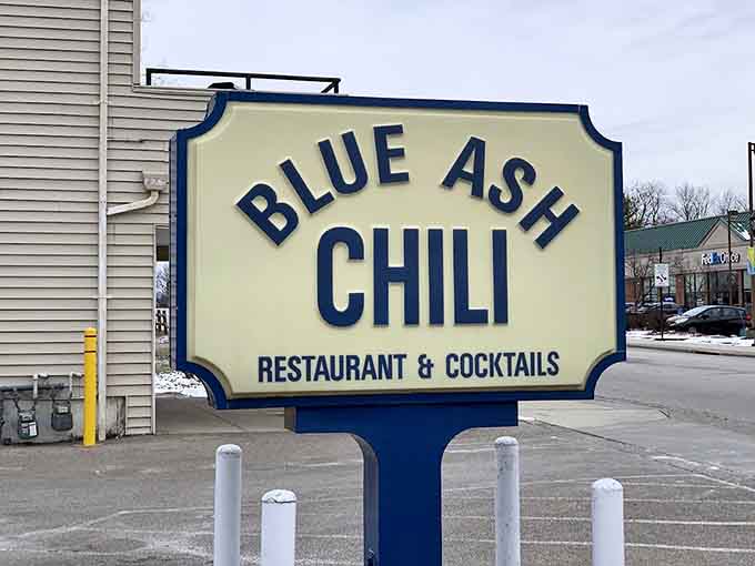 The Blue Ash Chili sign stands proud, marking the spot where club sandwiches reach their full potential.