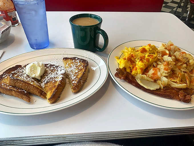 The breakfast combo that's launched a thousand productive days &ndash; French toast with that perfect golden hue alongside eggs and bacon cooked just right.