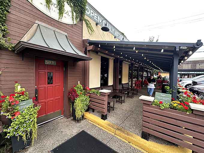 The patio offers al fresco dining under twinkling lights, perfect for warm Minnesota evenings with pasta and wine.