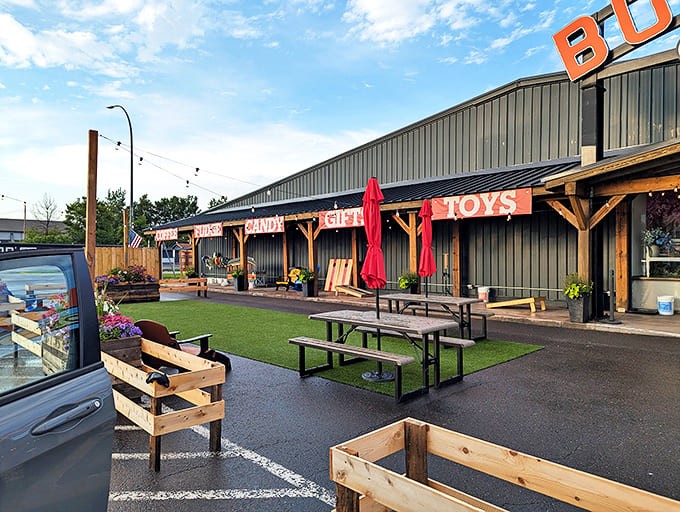 The outdoor seating area provides a perfect spot to enjoy your treats while watching the world go by in Two Harbors.