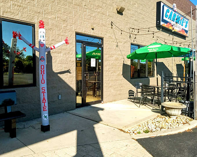 The welcoming patio area, where string lights and outdoor seating create the perfect setting for enjoying barbecue under the Ohio sky.