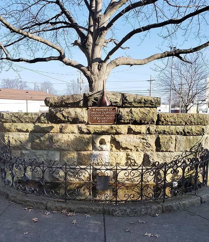 The Christian Deardorff Memorial honors Dover's founding father with a simple stone tribute that's weathered centuries of Midwestern seasons.