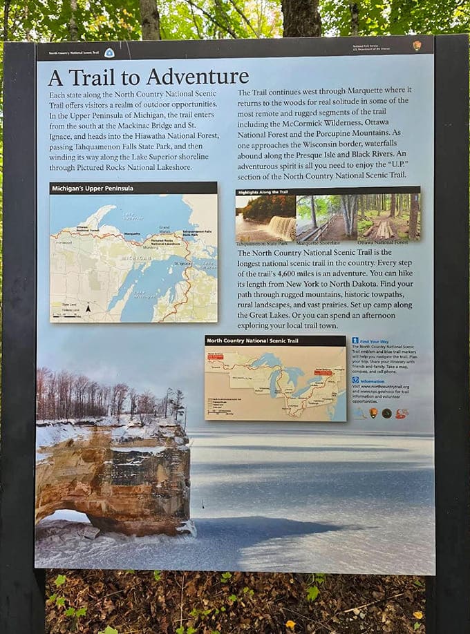 Information boards provide context and history, reminding visitors that this wilderness is part of something larger, a trail system spanning multiple states and countless adventures.