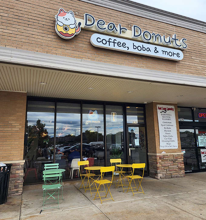 Outdoor seating in cheerful yellow and green because sometimes you want to enjoy your brioche donut while watching the world go by.