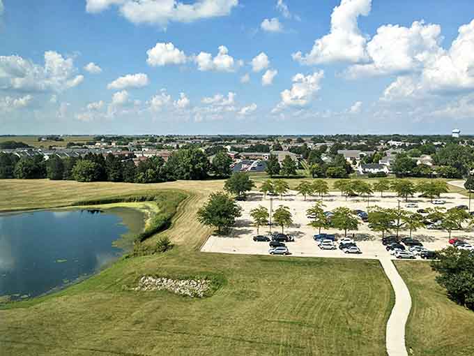 This aerial view captures DeKalb's perfect balance of green spaces and development, showing a town that hasn't forgotten the importance of breathing room and nature.