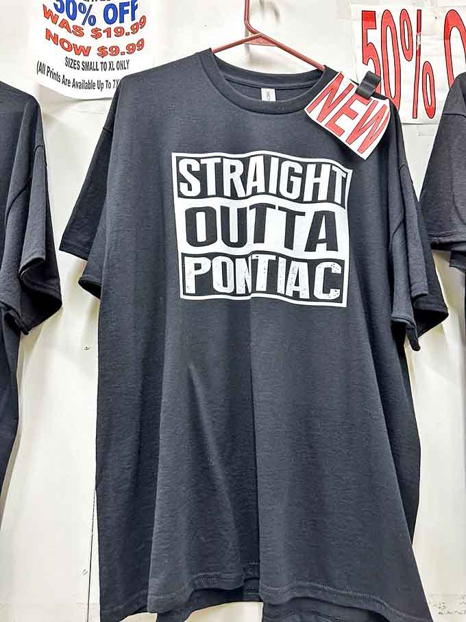 "Straight Outta Pontiac" declares this t-shirt, bringing hip-hop attitude to Michigan geography with perfectly cheeky local pride.