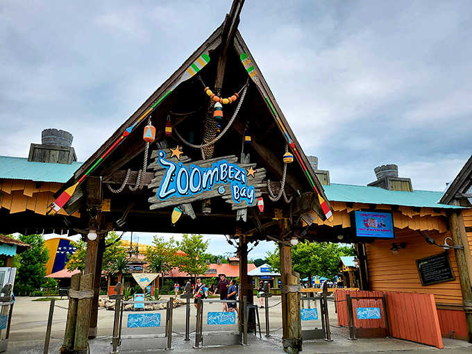 The rustic wooden entrance welcomes visitors to Zoombezi Bay, where everyday worries are left behind and summer adventures begin.