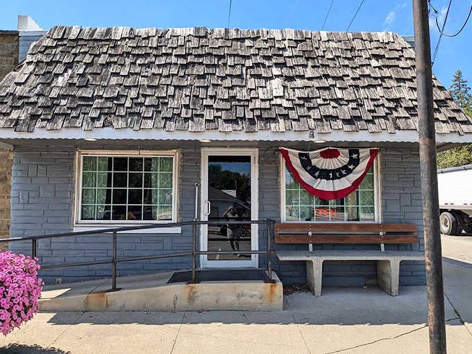 The American flag bunting announces without pretension: this is small-town America at its most authentic, and most delicious.