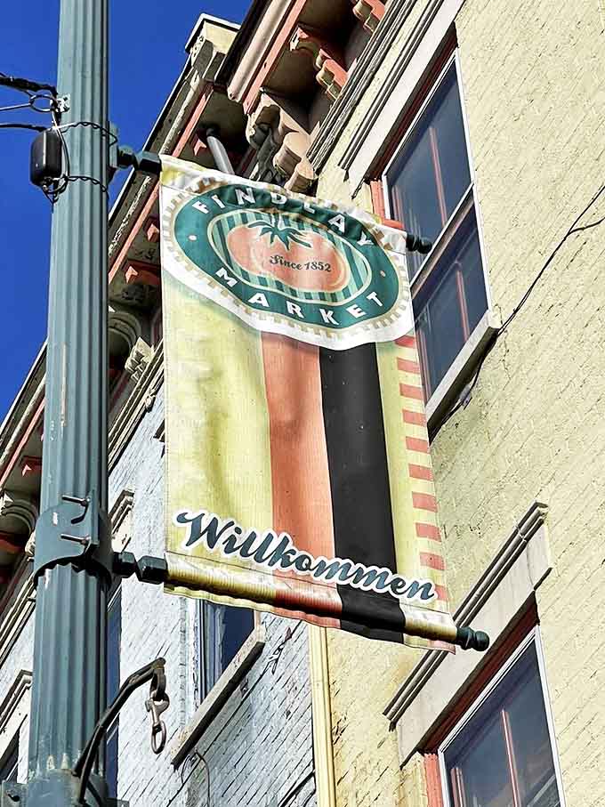 A colorful "Willkommen" banner nods to Cincinnati's German heritage while welcoming visitors to this beloved market that has stood the test of time.