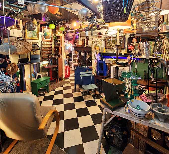 The interior's organized chaos showcases decades of design history coexisting peacefully under one roof, proving maximalism works when done right.