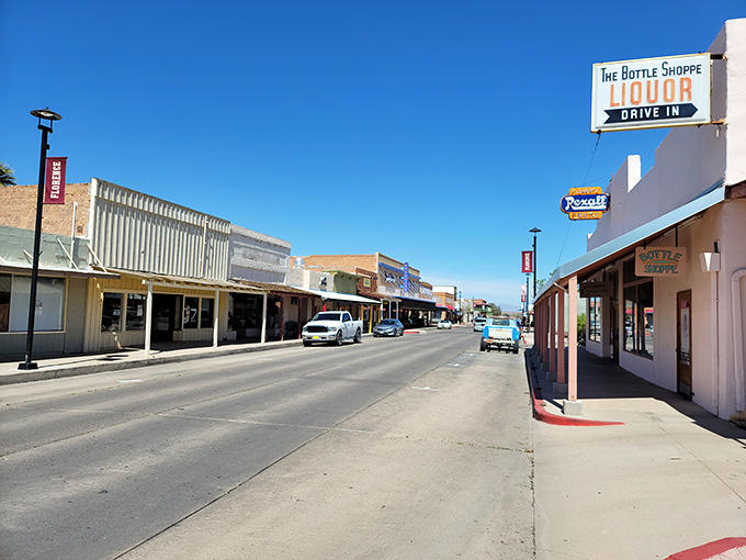 Florence's historic district looks like a Western movie set where nobody's acting, and that vintage Bottle Shoppe sign has witnessed decades of desert stories.