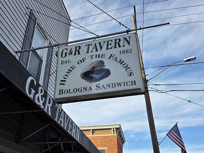 The iconic sign proclaiming G & R Tavern as home of the famous bologna sandwich since 1962.