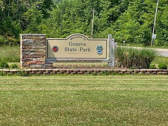 The gateway to tranquility: Geneva State Park's entrance sign might as well read "Abandon stress, all ye who enter here."