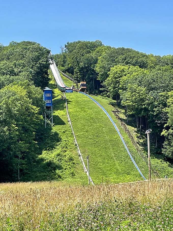 Harris Hill Ski Jump towers above the landscape, daring visitors to imagine the thrill of soaring through Vermont's crisp winter air.