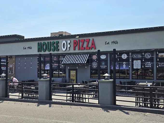 The building welcomes guests with outdoor seating options when Minnesota weather decides to cooperate.