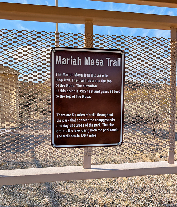 The Mariah Mesa Trail sign promises adventure without the need for emergency helicopter rescues. Hiking for regular humans.